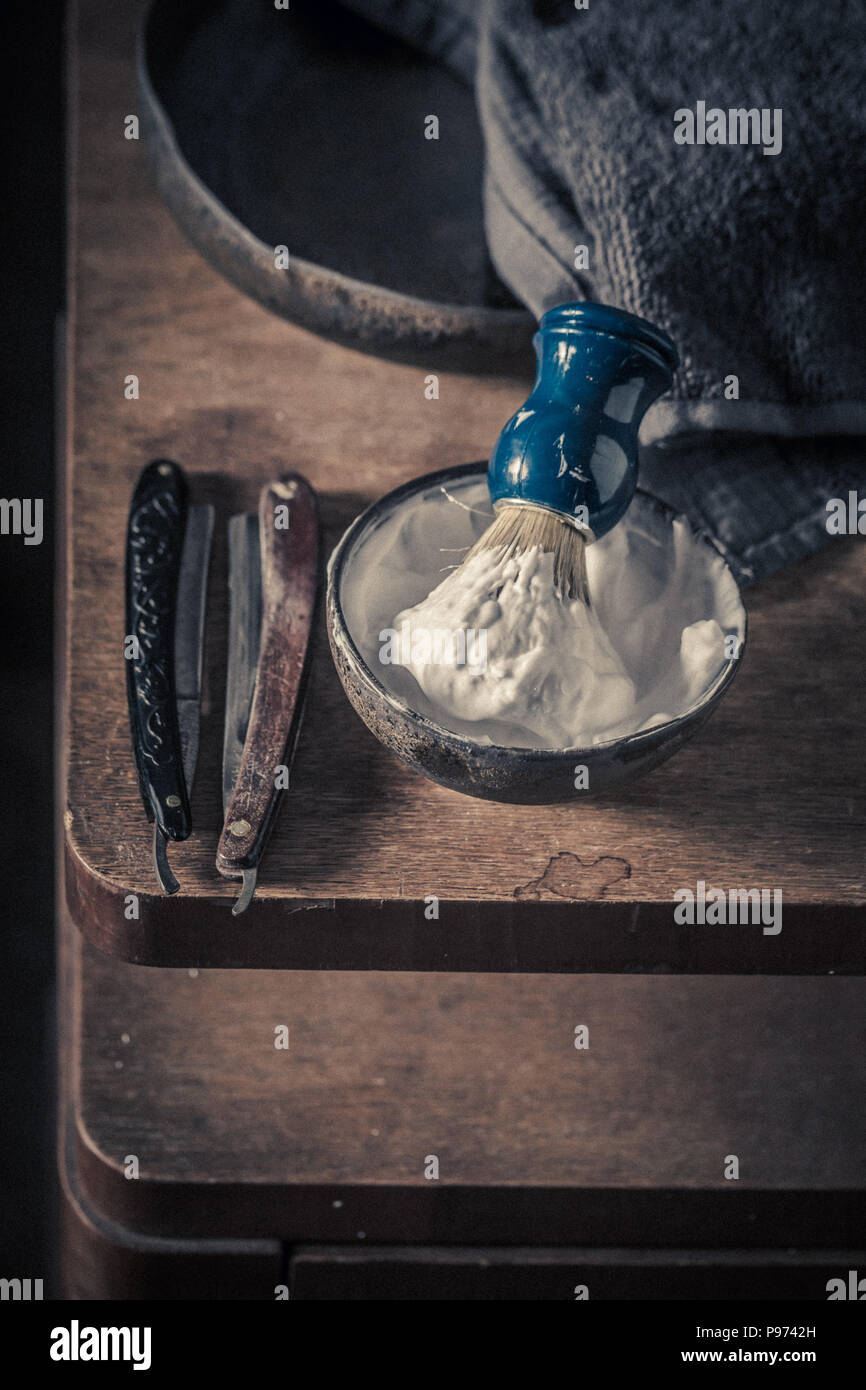Antique tools for barber. Sharp razor, soap and brush Stock Photo - Alamy