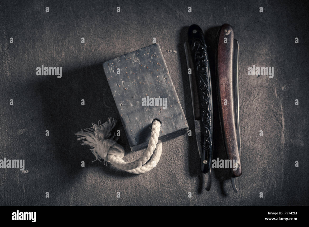 Classic shave tools. Sharp razor, soap and brush Stock Photo - Alamy