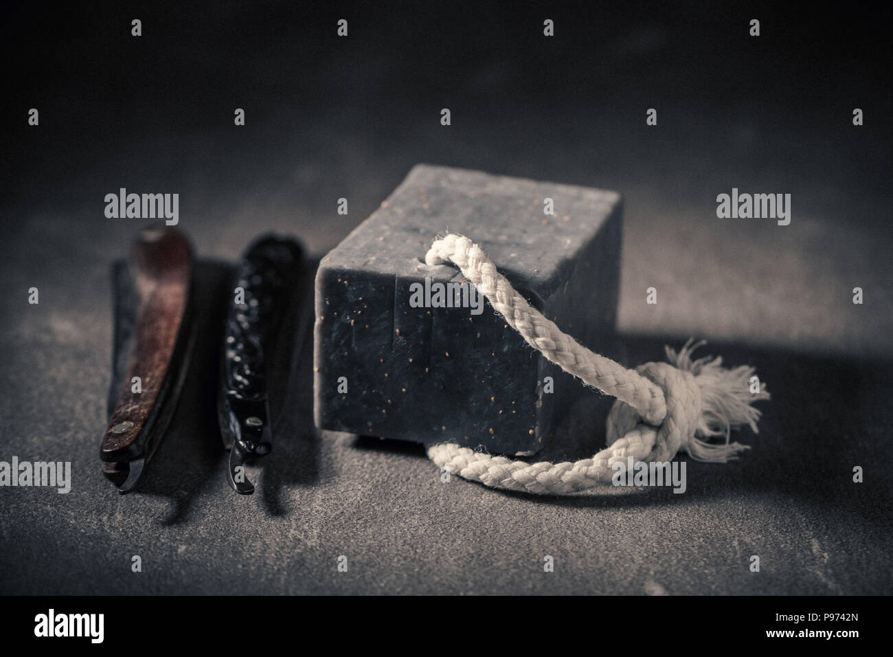 Old shave tools. Sharp razor, soap and brush Stock Photo - Alamy