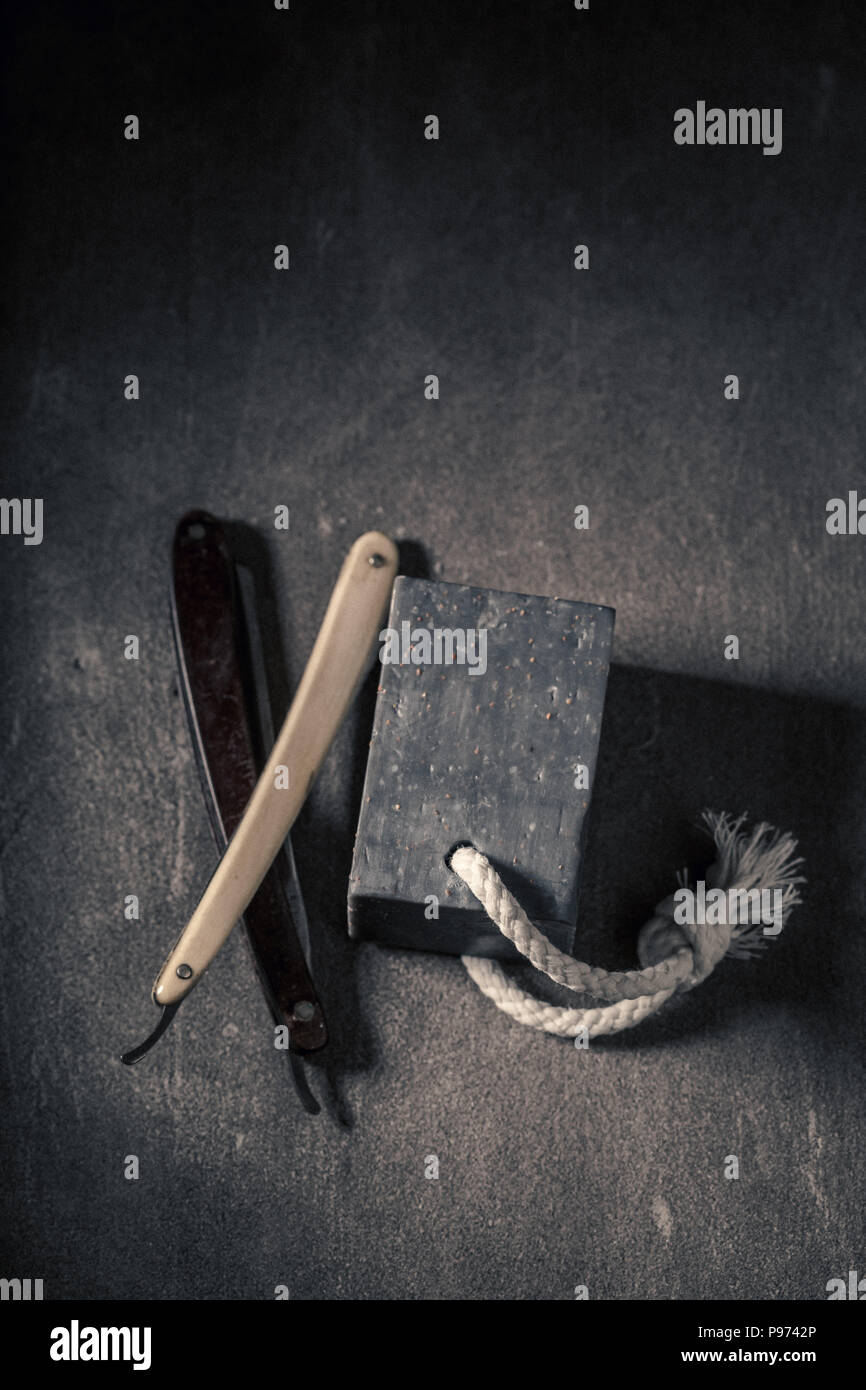 Antique tools for barber with grey soap, razor and brush Stock Photo ...