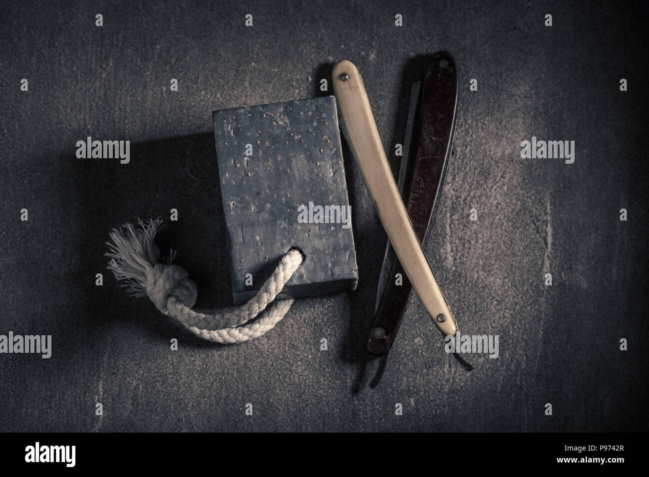 Antique shave tools with foam, razor and brush Stock Photo - Alamy