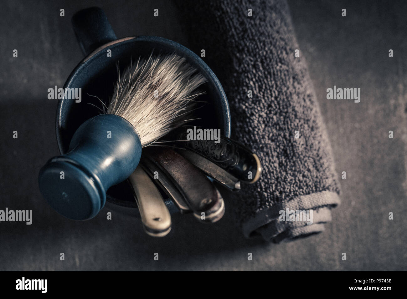 Antique tools for barber with foam, razor and brush Stock Photo - Alamy