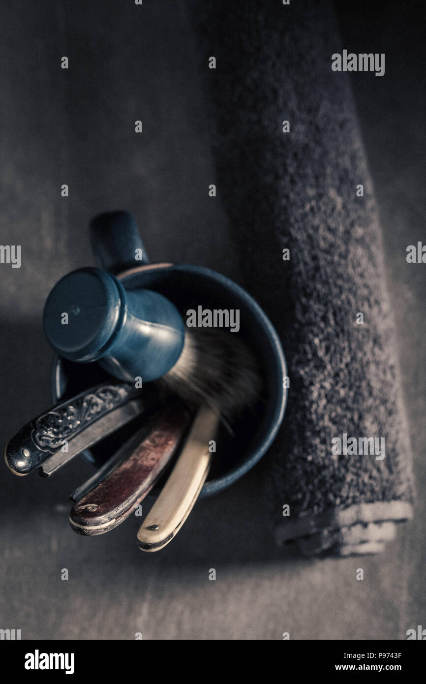 Classic shave tools with grey soap, razor and brush Stock Photo - Alamy