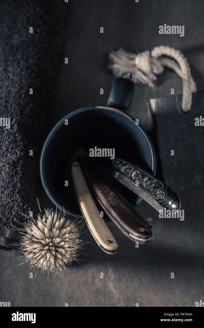 Vintage shave tools with brush, razor, soap Stock Photo - Alamy