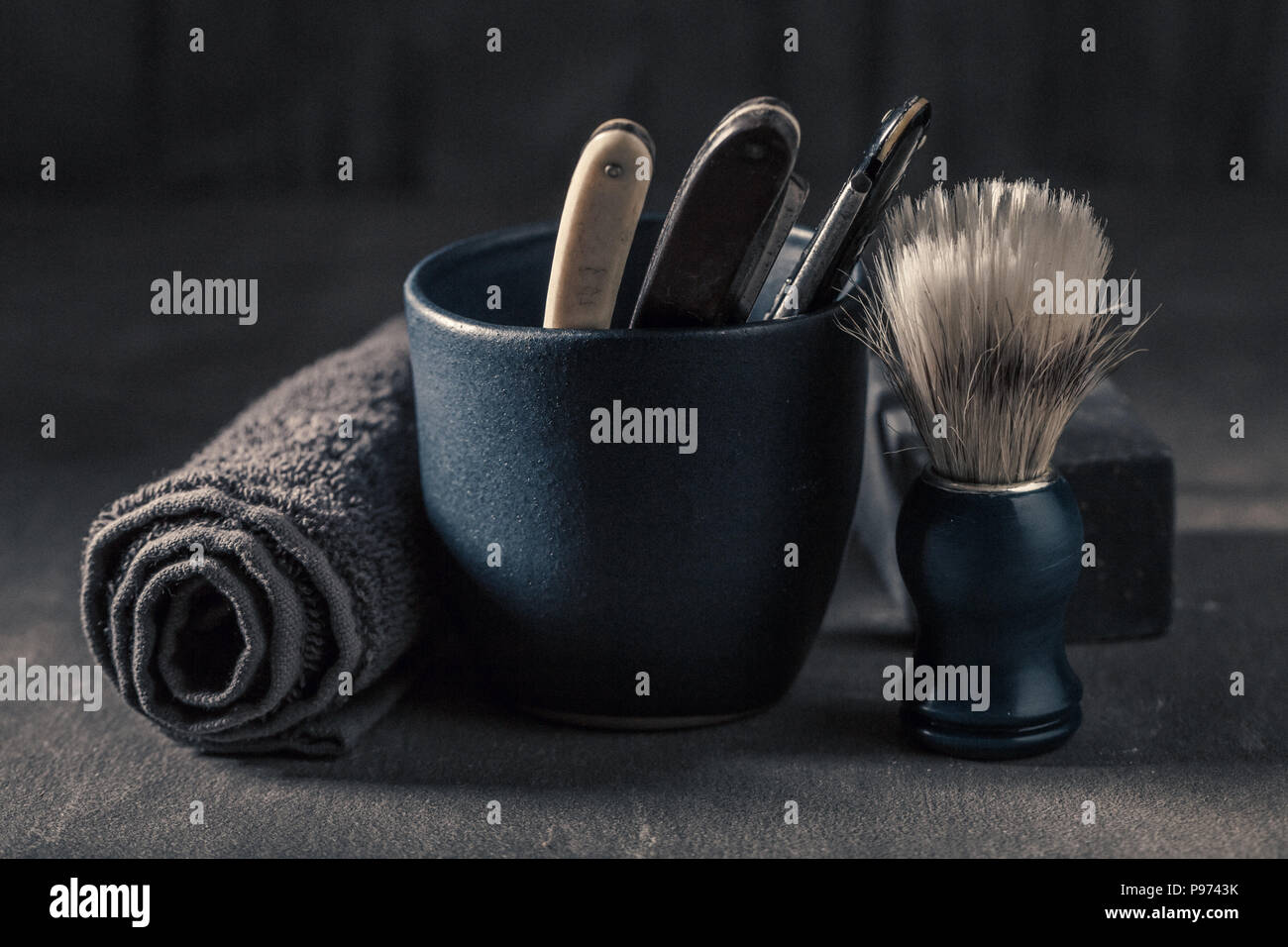 Unique tools for shave. Sharp razor, soap and brush Stock Photo - Alamy