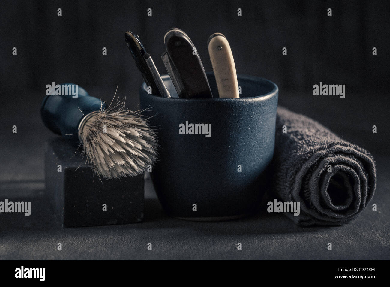 Unique shave tools with brush, razor, soap Stock Photo - Alamy