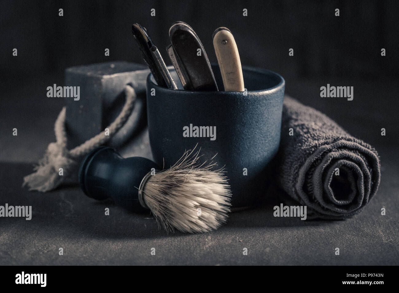 Unique tools for shave with foam, razor and brush Stock Photo - Alamy