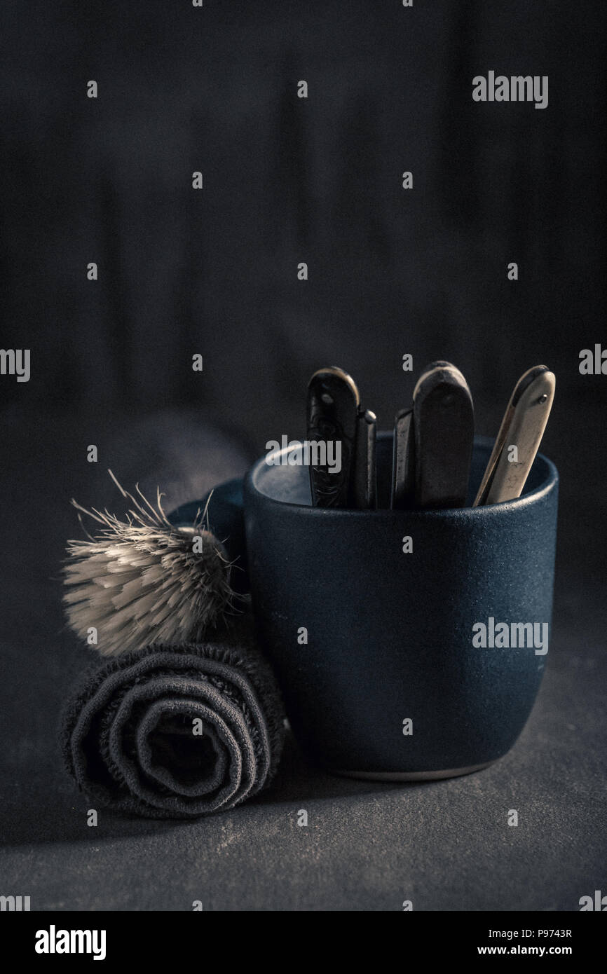 Old tools for shave with foam, razor and brush Stock Photo - Alamy
