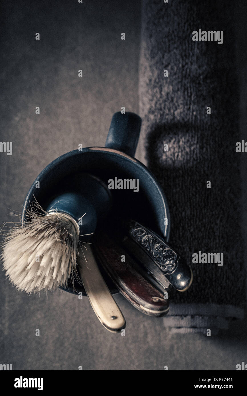 Unique shave tools. Sharp razor, soap and brush Stock Photo - Alamy