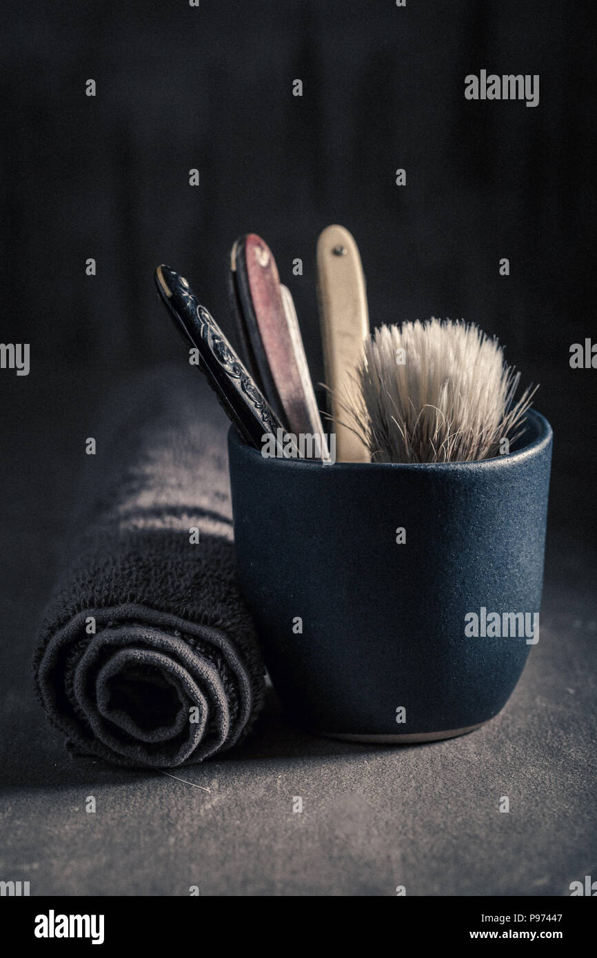 Unique shave tools with foam, razor and brush Stock Photo - Alamy