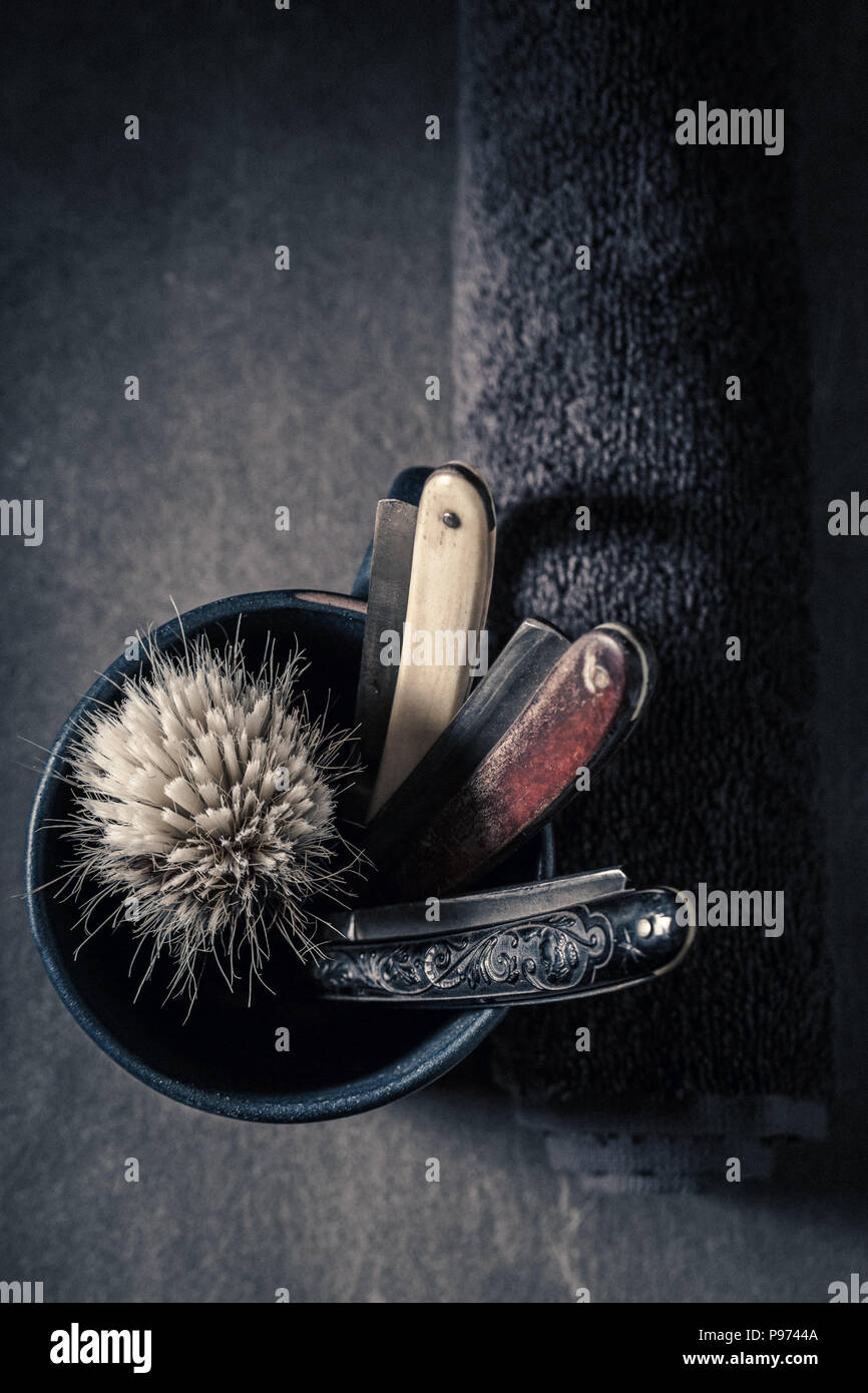 Unique barber equipment. Sharp razor, soap and brush Stock Photo - Alamy