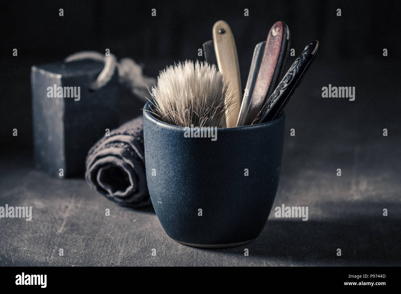 Classic tools for shave with grey soap, razor and brush Stock Photo - Alamy