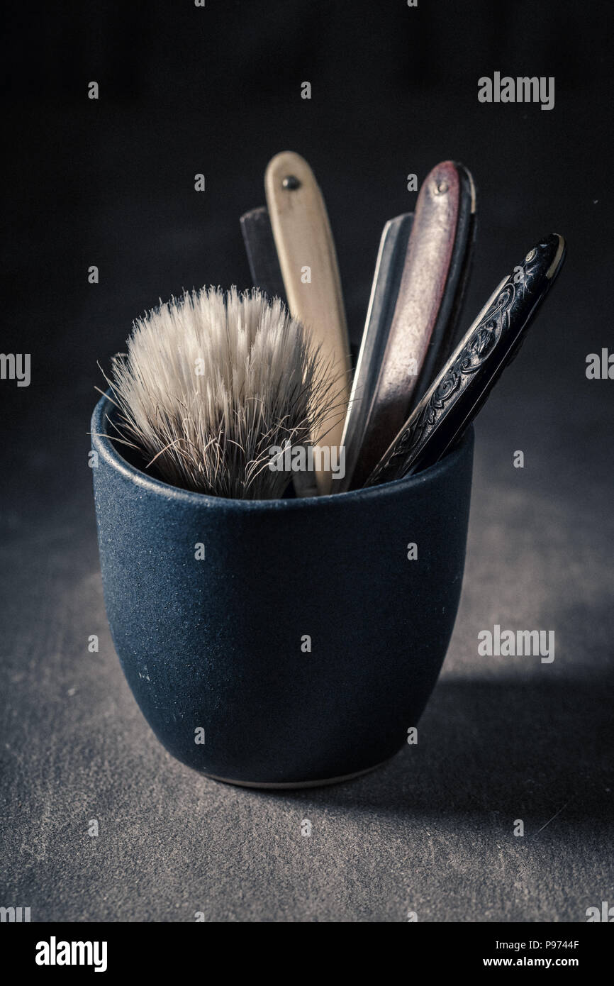 Old tools for shave with brush, razor, soap Stock Photo - Alamy