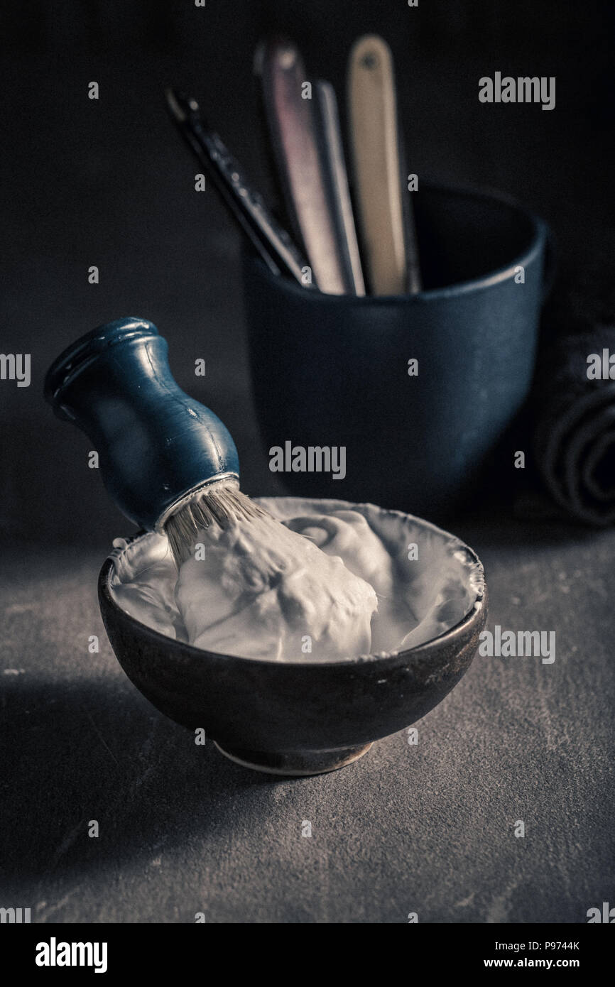 Vintage shave tools with grey soap, razor and brush Stock Photo - Alamy