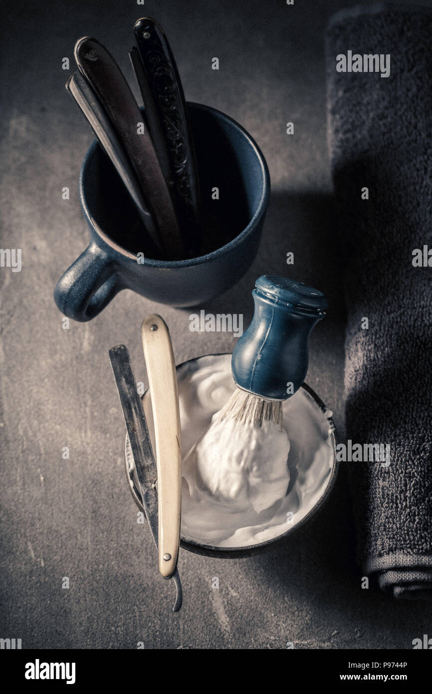 Unique shaving set with grey soap, razor and brush Stock Photo - Alamy
