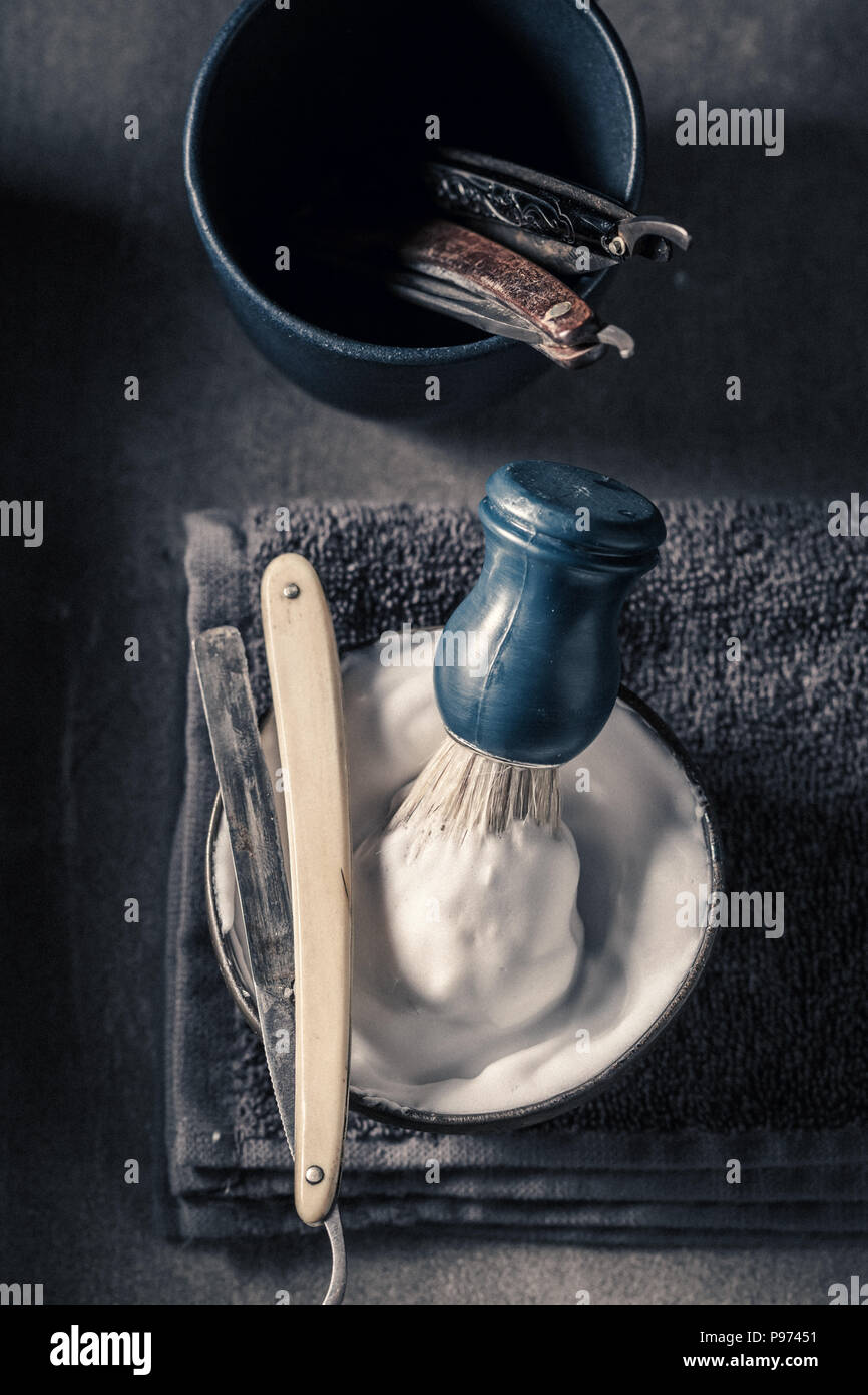 Vintage tools for barber with foam, razor and brush Stock Photo - Alamy