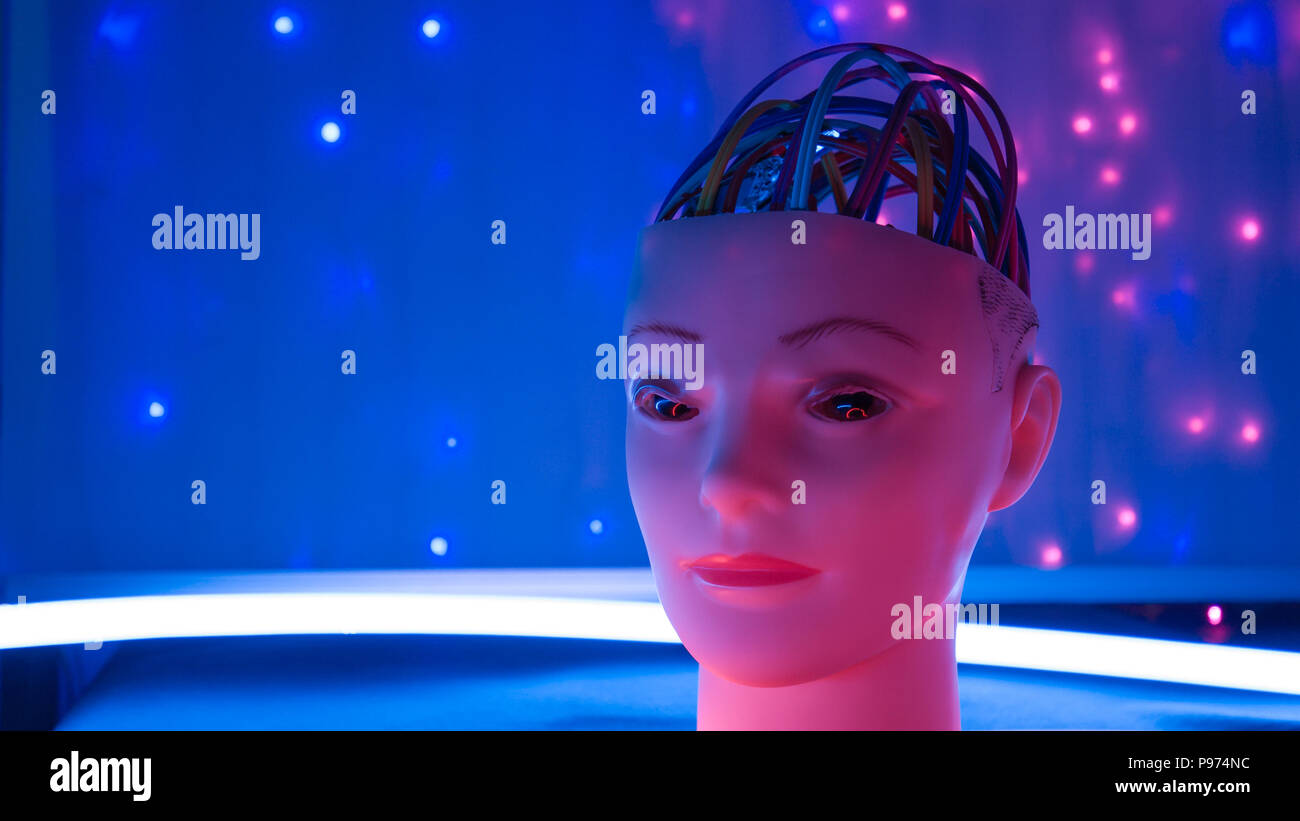 Robotic scary face, woman robot unhappy head Stock Photo - Alamy