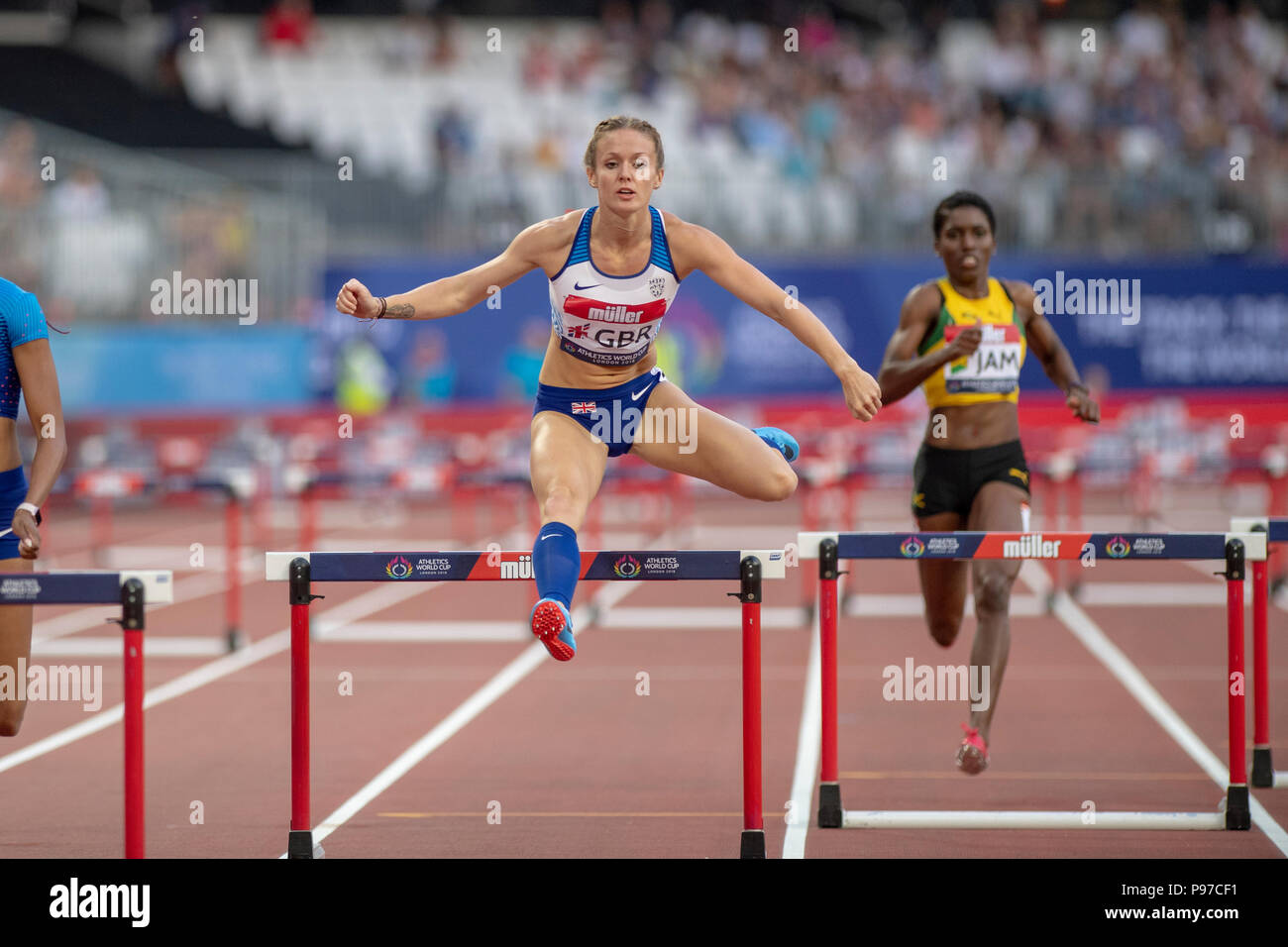 London, UK. 14th July 2018. Meghan Beesley (GBR, centre) leads eventual ...