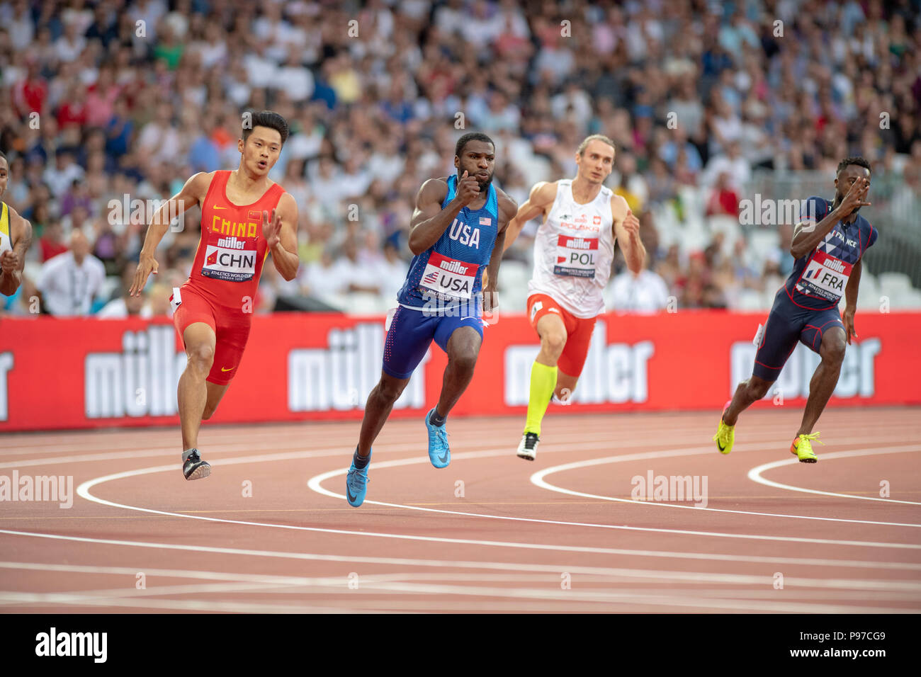 London, UK. 14th July 2018. Zhenye Xie (CHN, left) won the 200m from ...