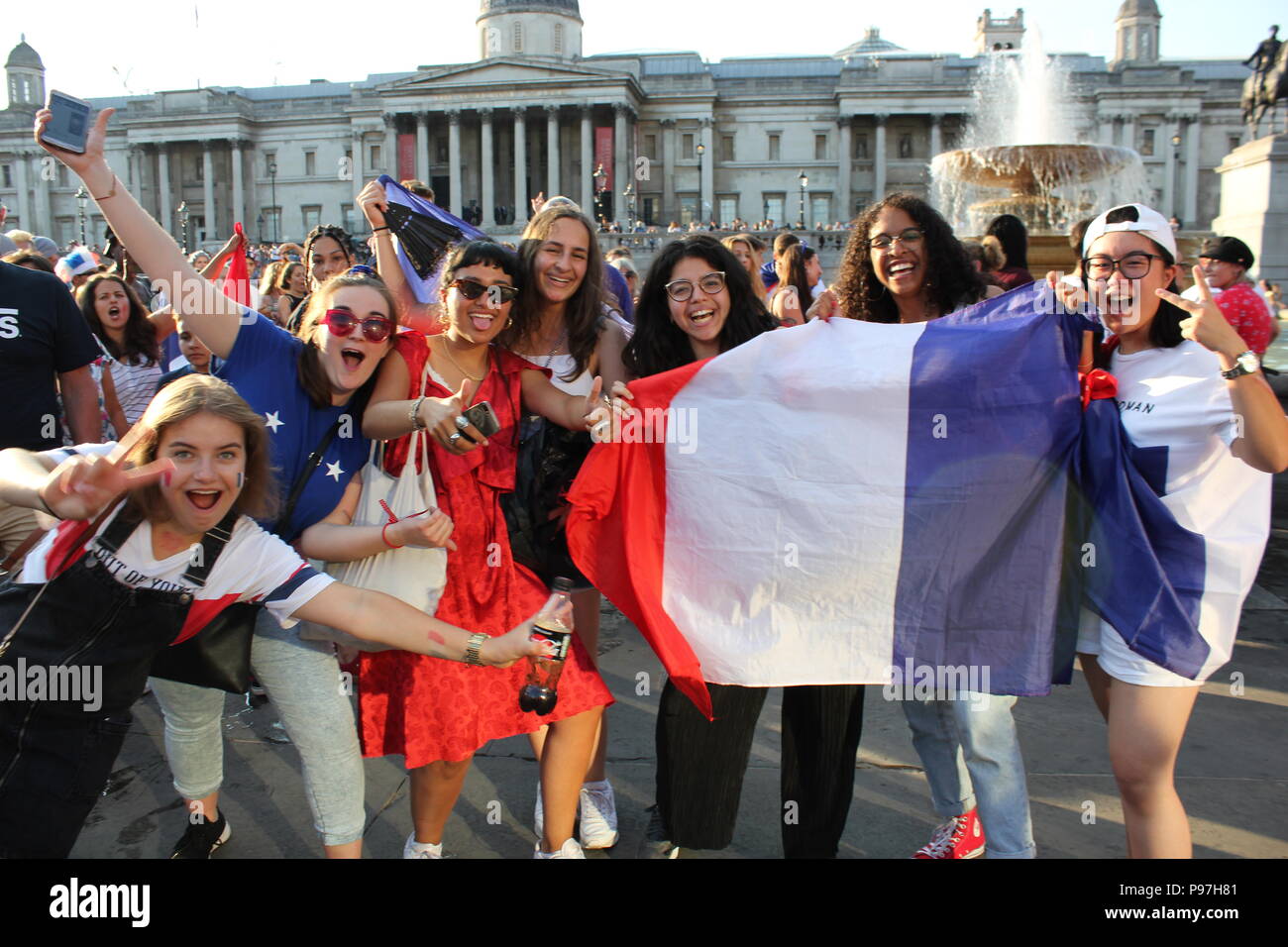 London, UK. 15th July 2018. French football fans celebrate winning ...