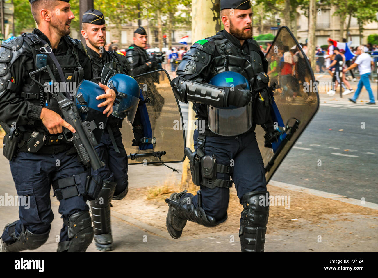Paris, France. 15th July, 2018. Riot police are called into action in ...
