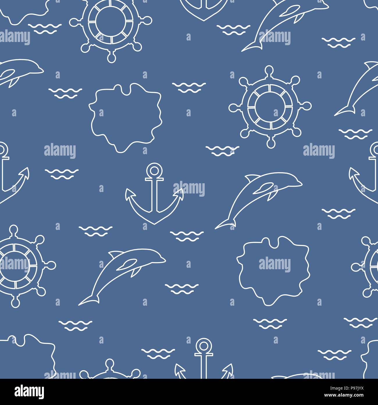 Seamless pattern with dolphins, anchors, steering wheels, waves ...