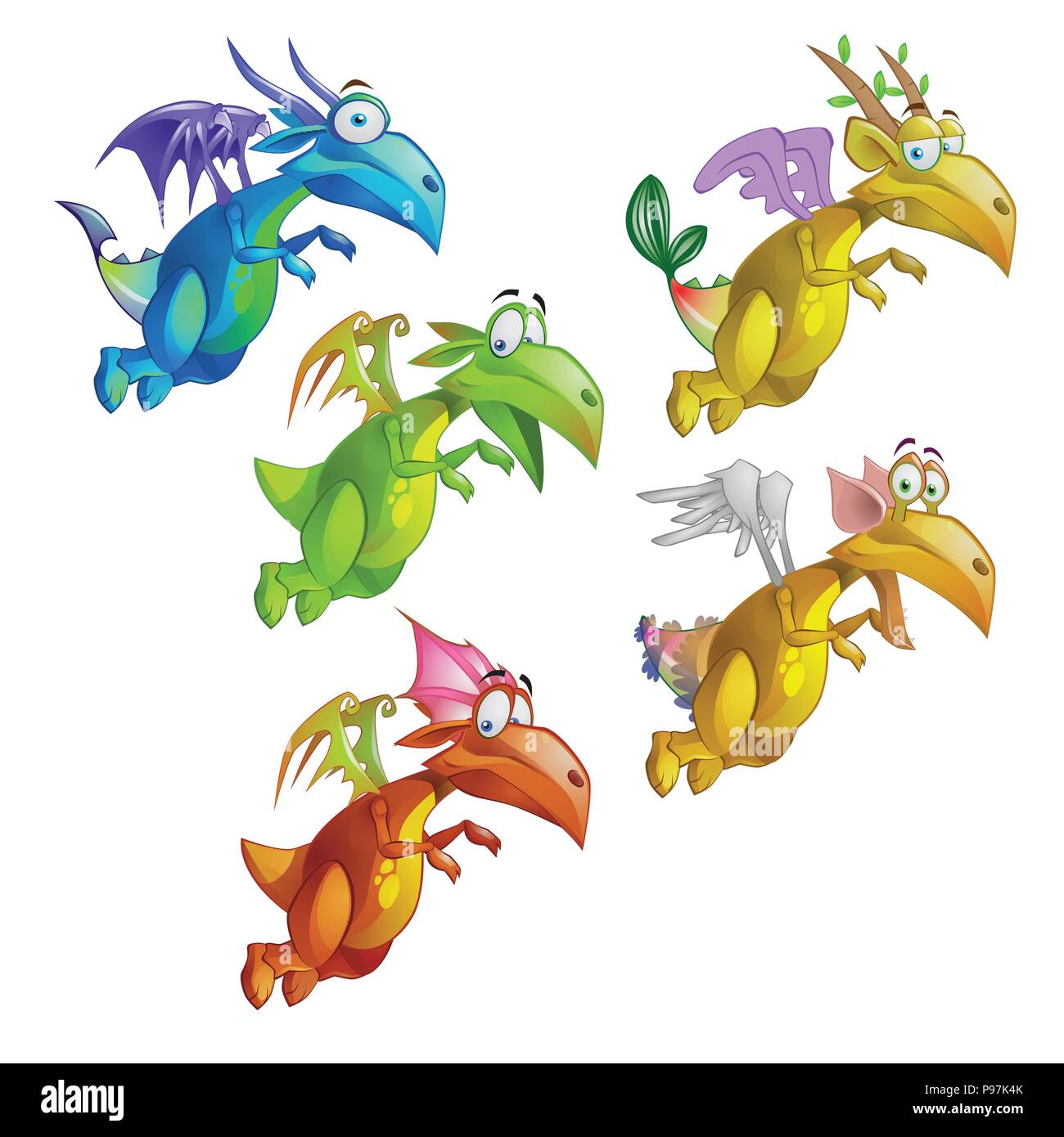 Set of funny animated colorful dragon isolated on white background ...