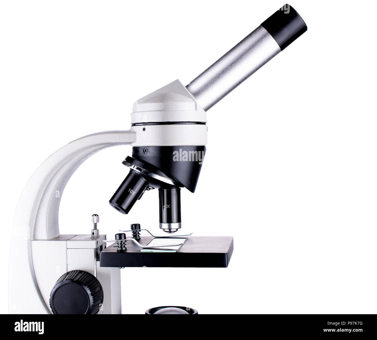 Microscope lenses, stage closeup, white background Stock Photo - Alamy
