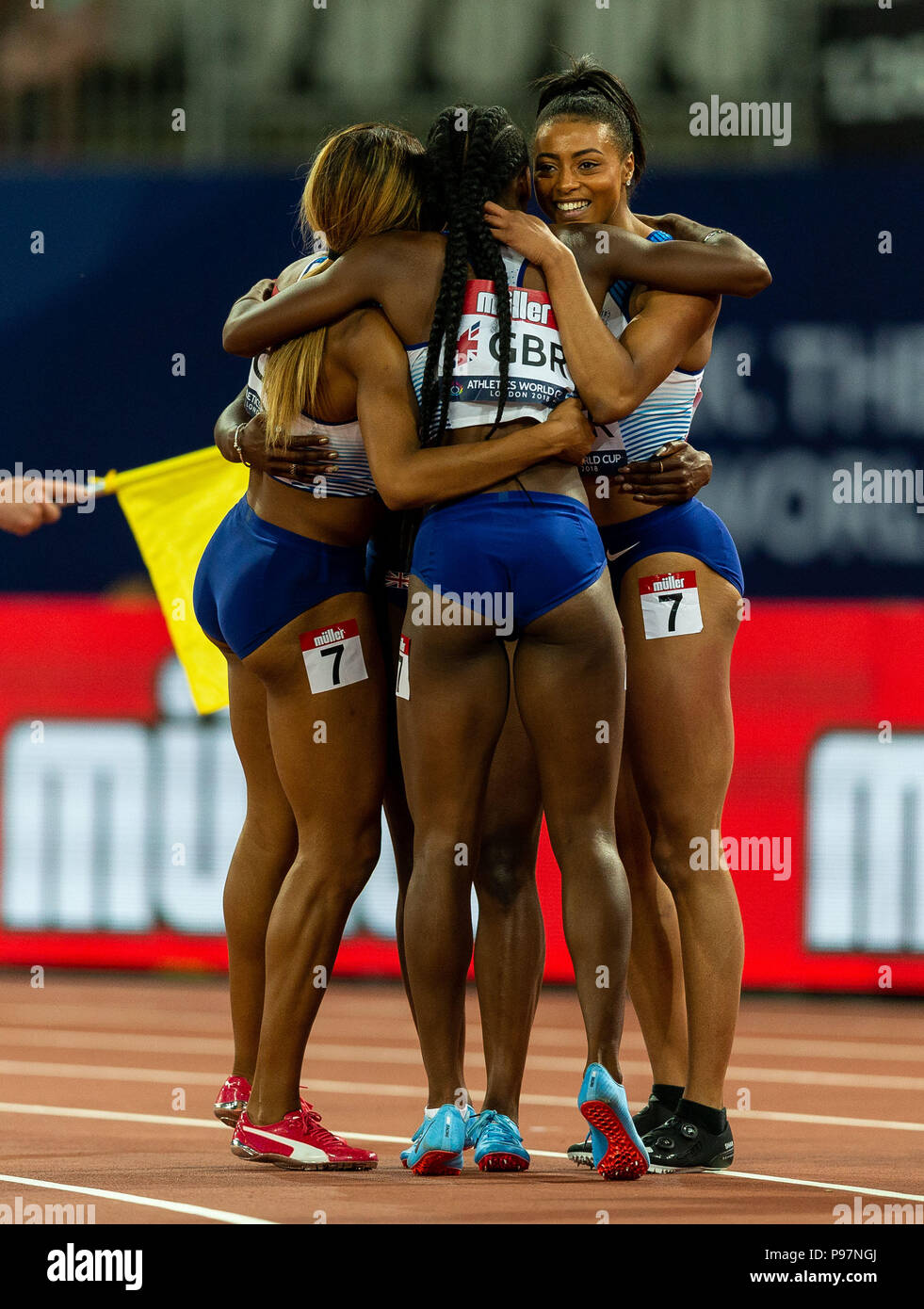 Great Britain celebrate winning the women's 4x100m relay during day two ...