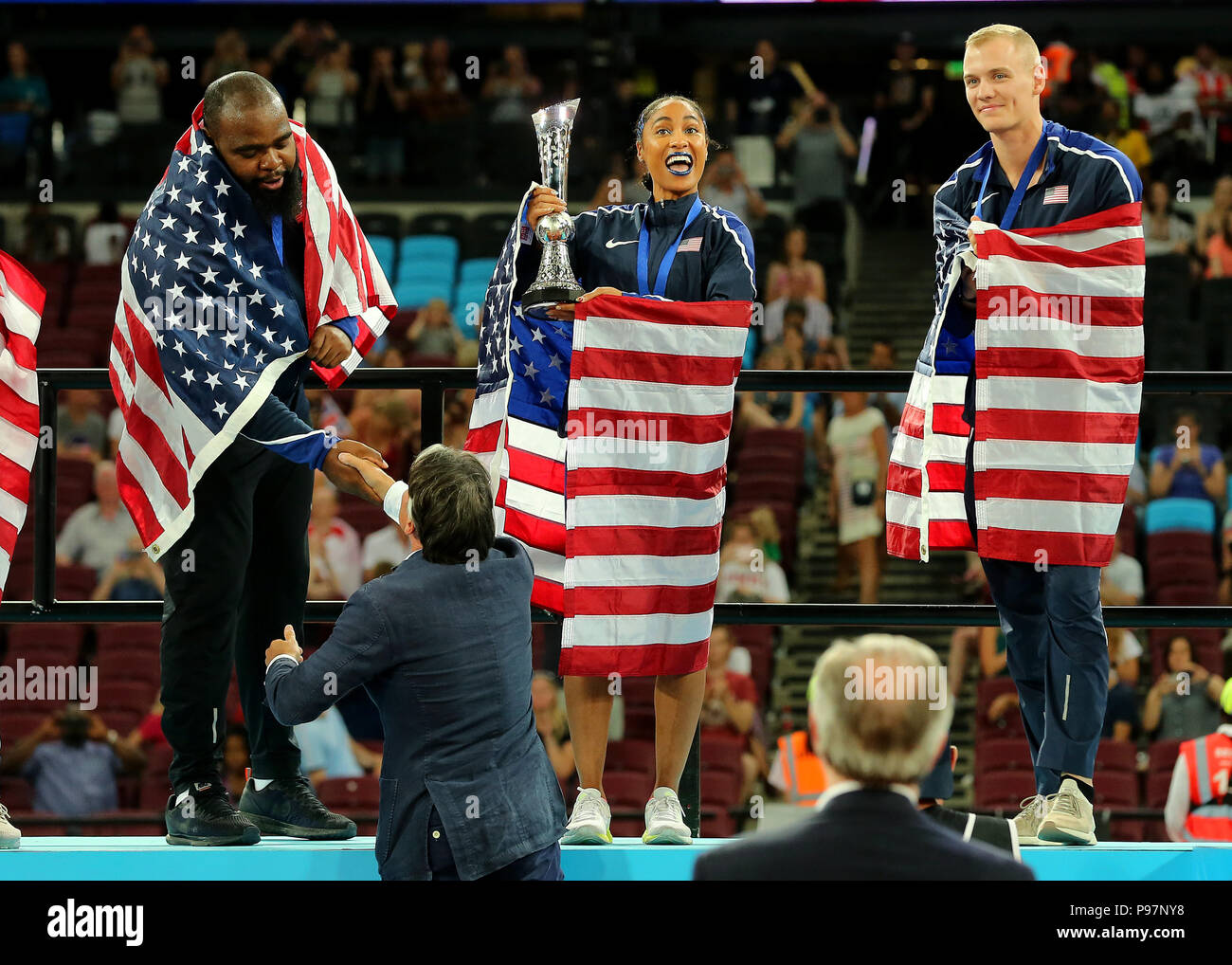 Team usa captain queen harrison celebrates winning athletics world cup ...