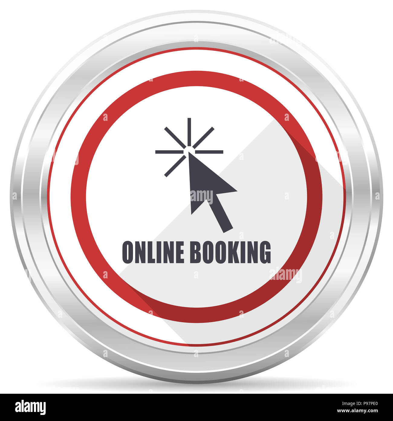 Online booking silver metallic chrome border round web icon on white ...