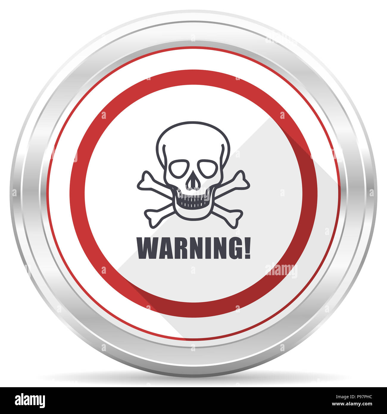 Warning skull silver metallic chrome border round web icon on white ...