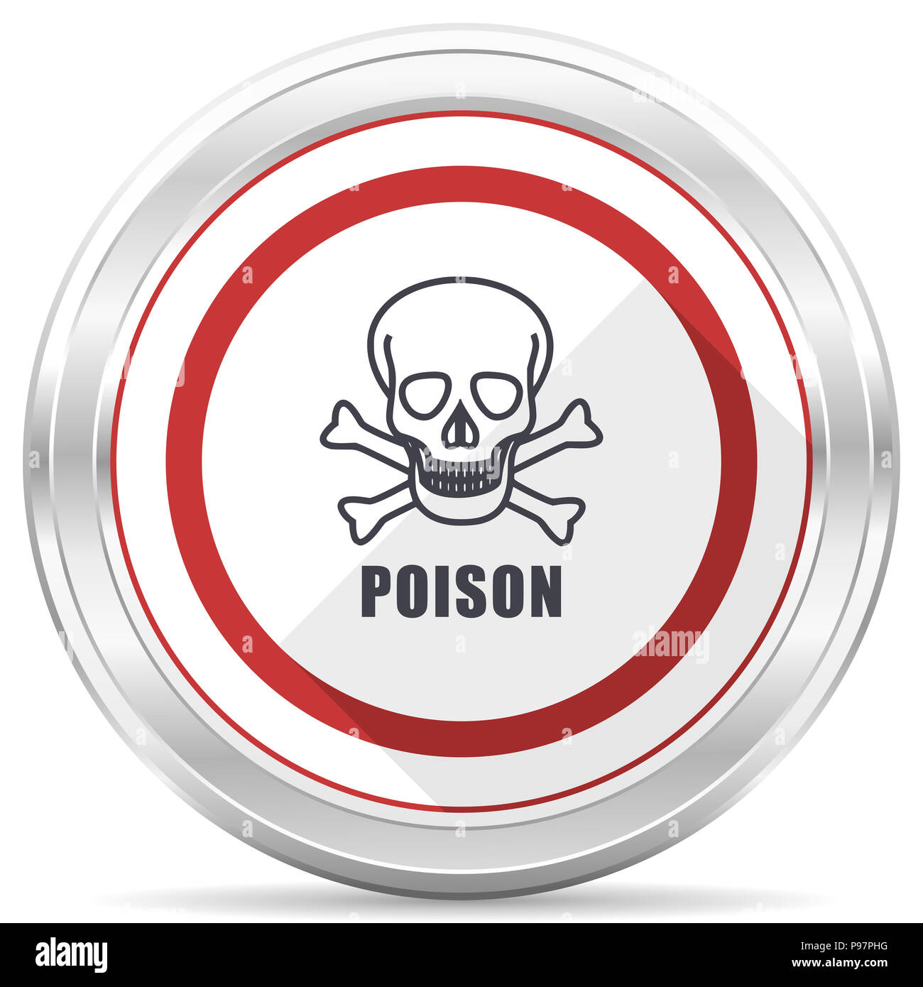 Poison skull silver metallic chrome border round web icon on white ...