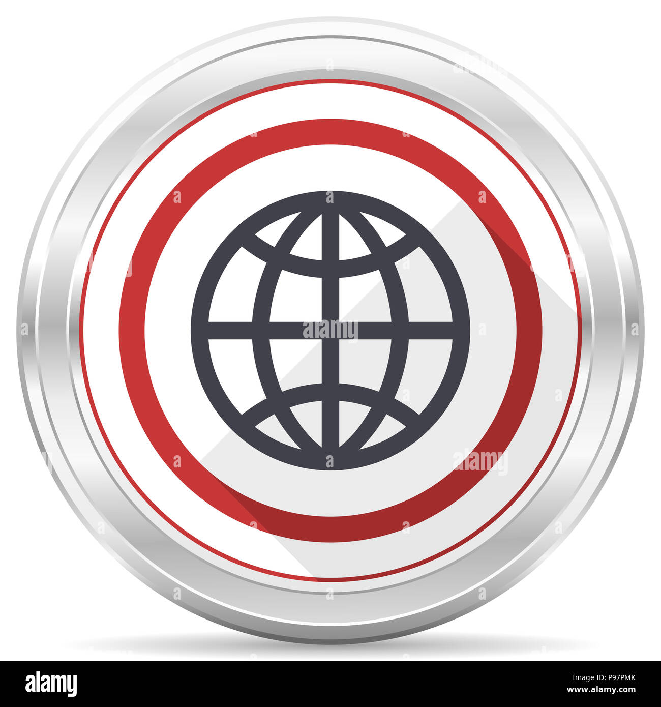 Globe silver metallic chrome border round web icon on white background ...