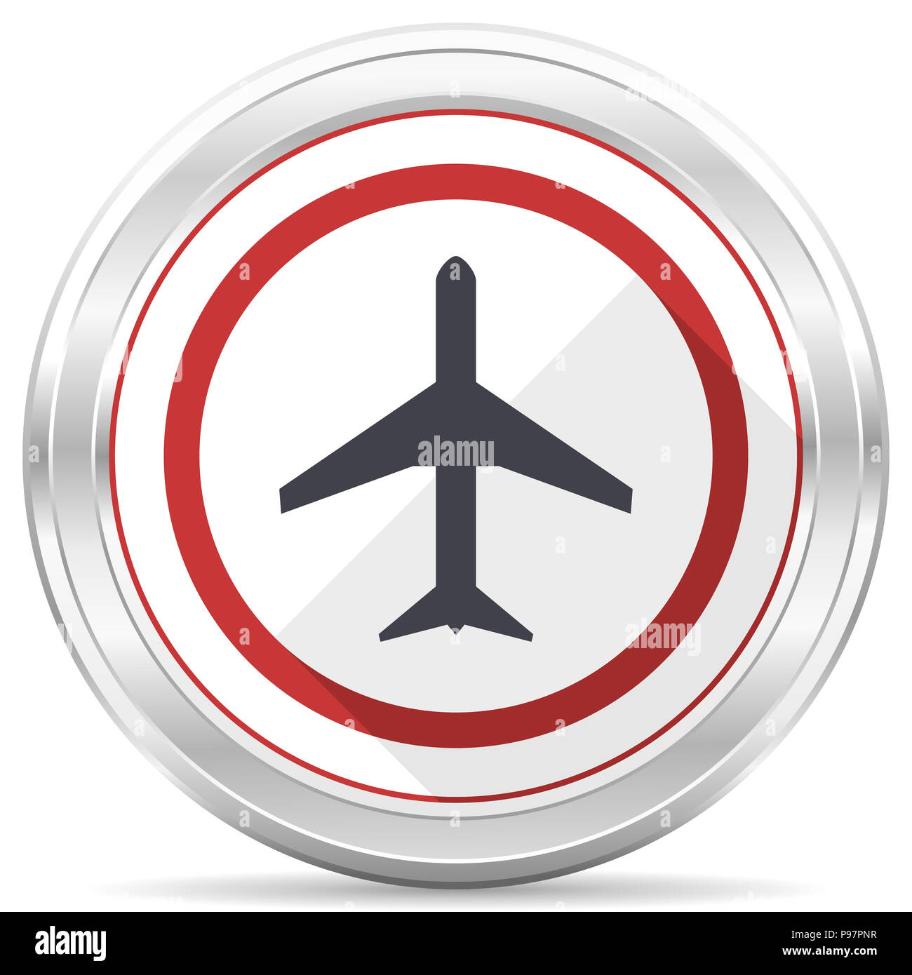 Plane silver metallic chrome border round web icon on white background ...