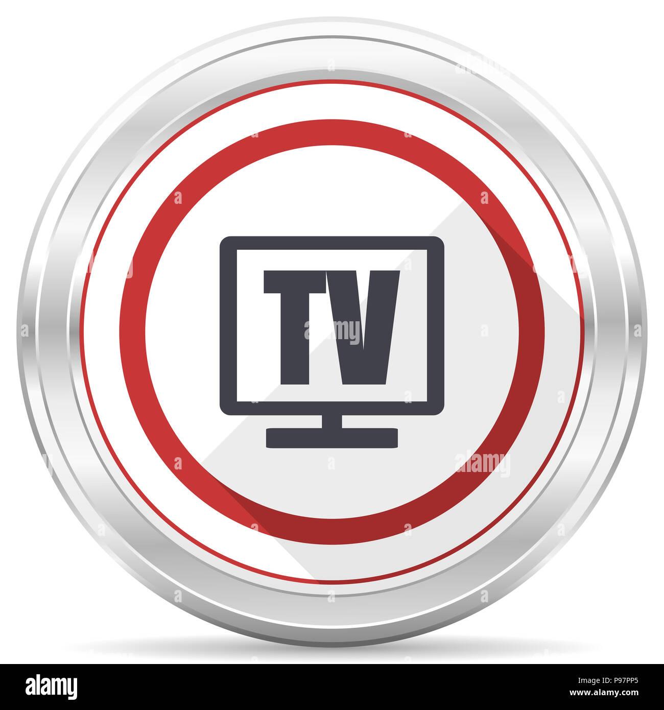 Tv silver metallic chrome border round web icon on white background ...