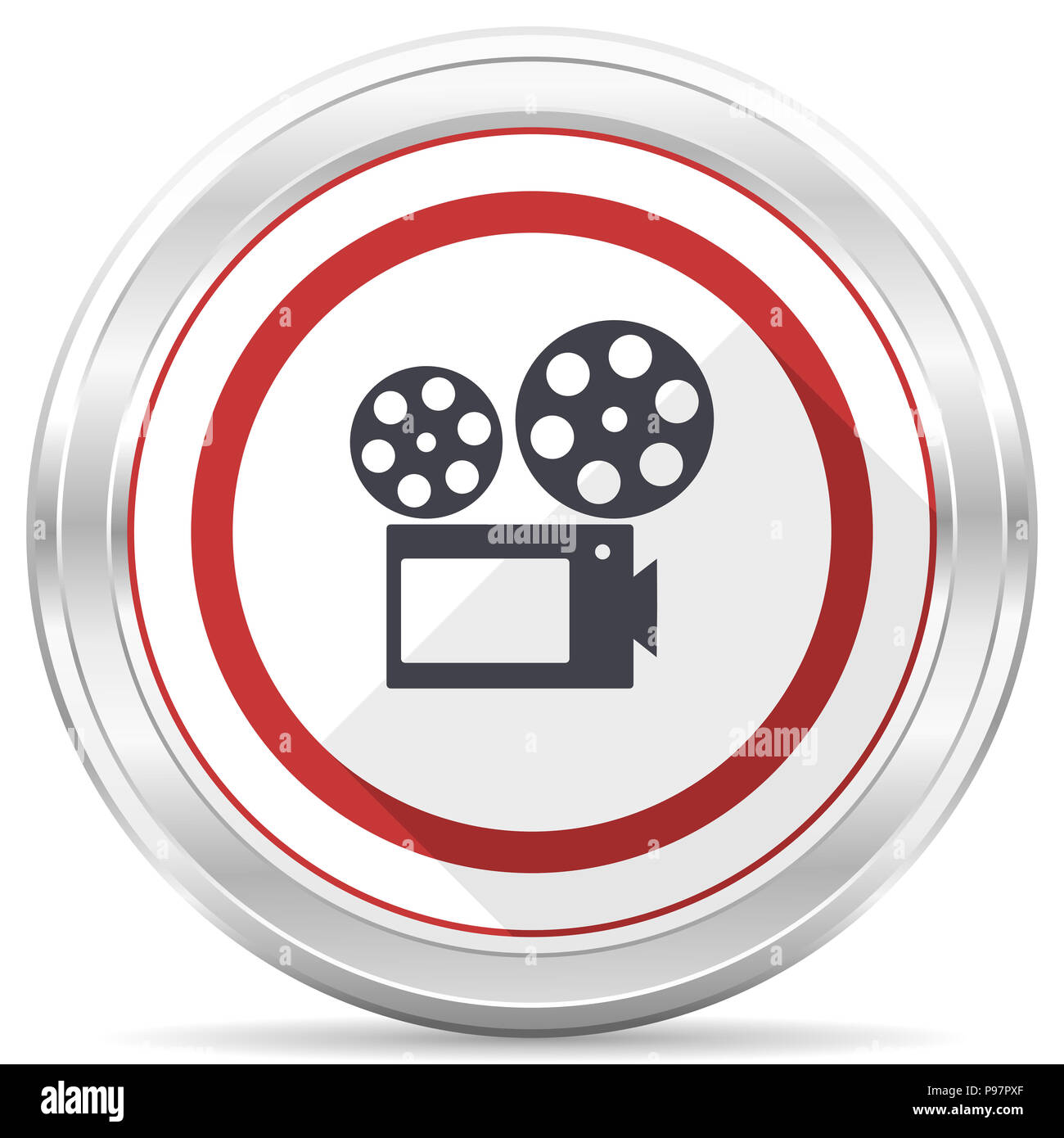 Movie silver metallic chrome border round web icon on white background ...