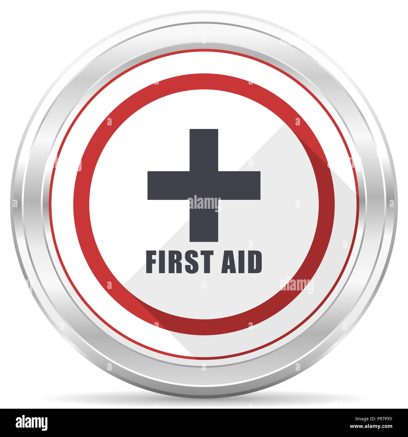 First aid silver metallic chrome border round web icon on white ...