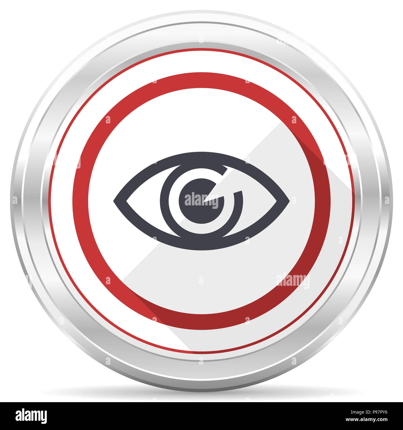 Eye silver metallic chrome border round web icon on white background ...