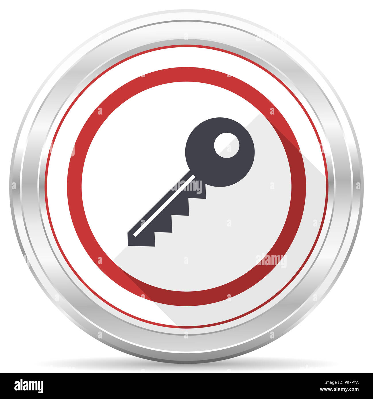 Key silver metallic chrome border round web icon on white background ...