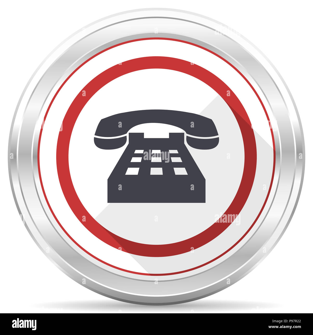 Phone silver metallic chrome border round web icon on white background ...