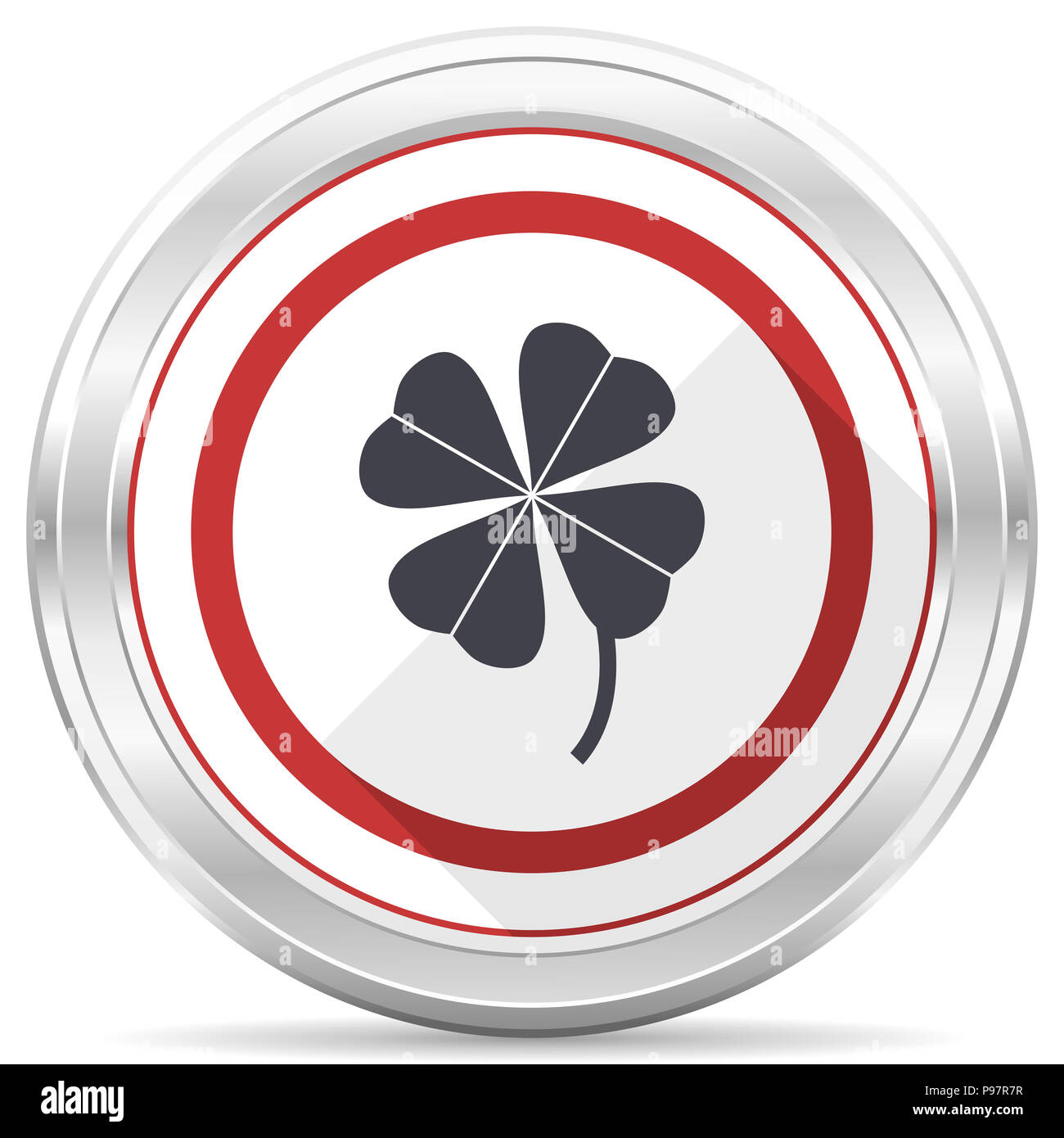 Four-leaf clover silver metallic chrome border round web icon on white ...