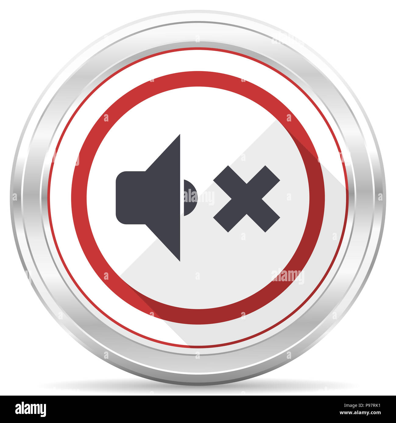 Speaker volume silver metallic chrome border round web icon on white ...