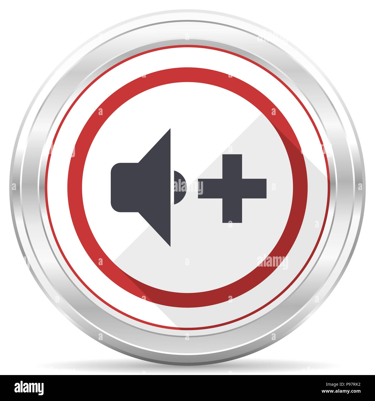 Speaker volume silver metallic chrome border round web icon on white ...