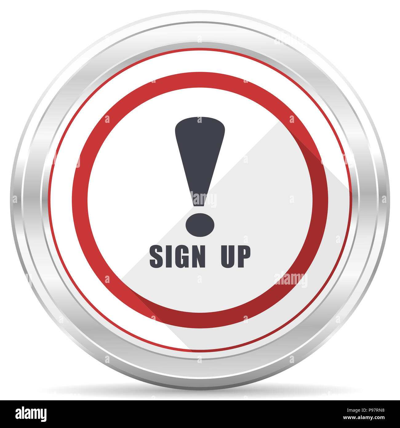 Sign up silver metallic chrome border round web icon on white ...