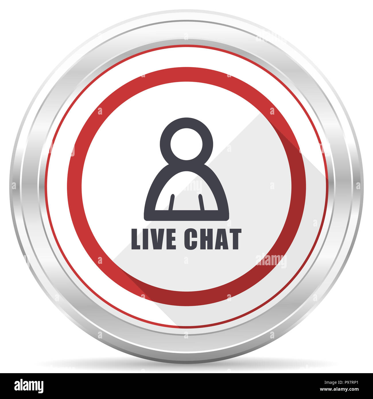 Live chat silver metallic chrome border round web icon on white ...