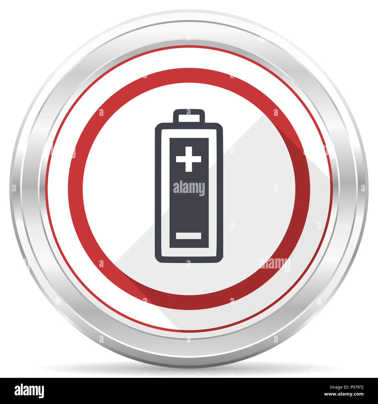 Battery silver metallic chrome border round web icon on white ...