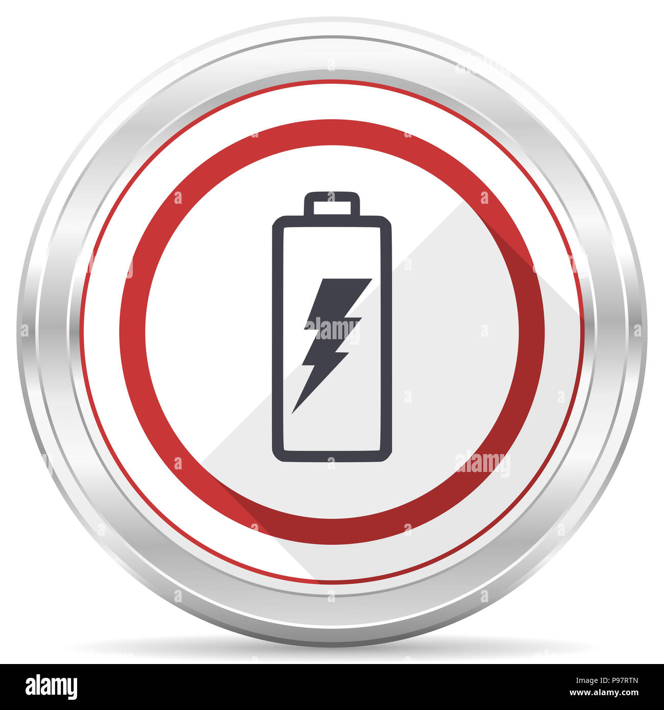 Battery silver metallic chrome border round web icon on white ...