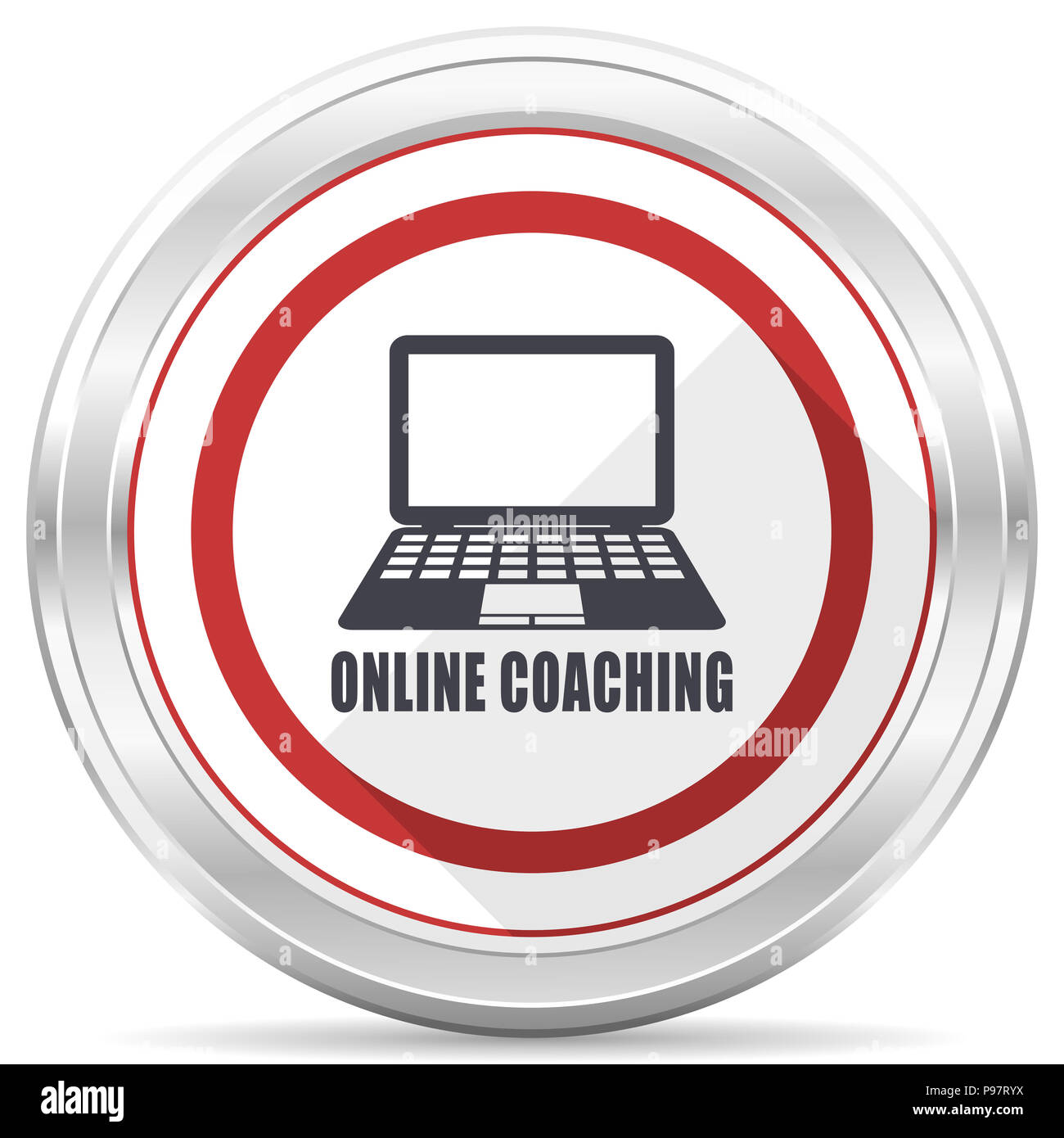 Online coaching silver metallic chrome border round web icon on white ...