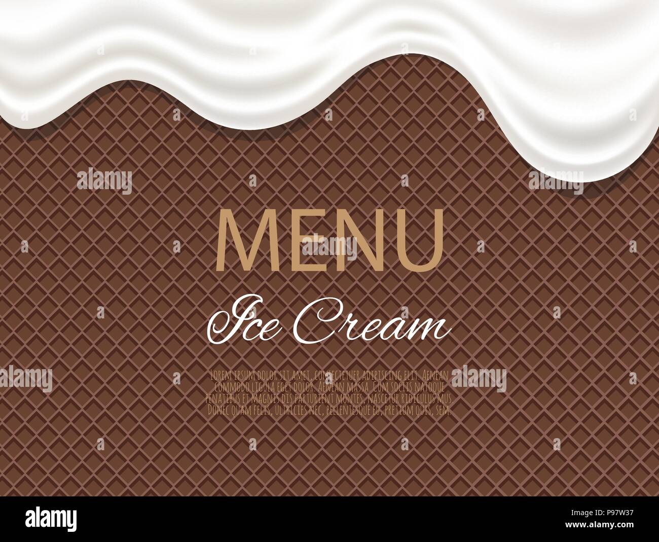 Dripping white ice cream flowing over waffle texture background Stock ...